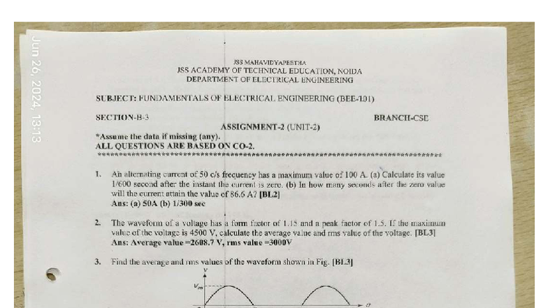 EE Assignment 2 & 3: Fundamentals of Electrical Engineering - Studocu