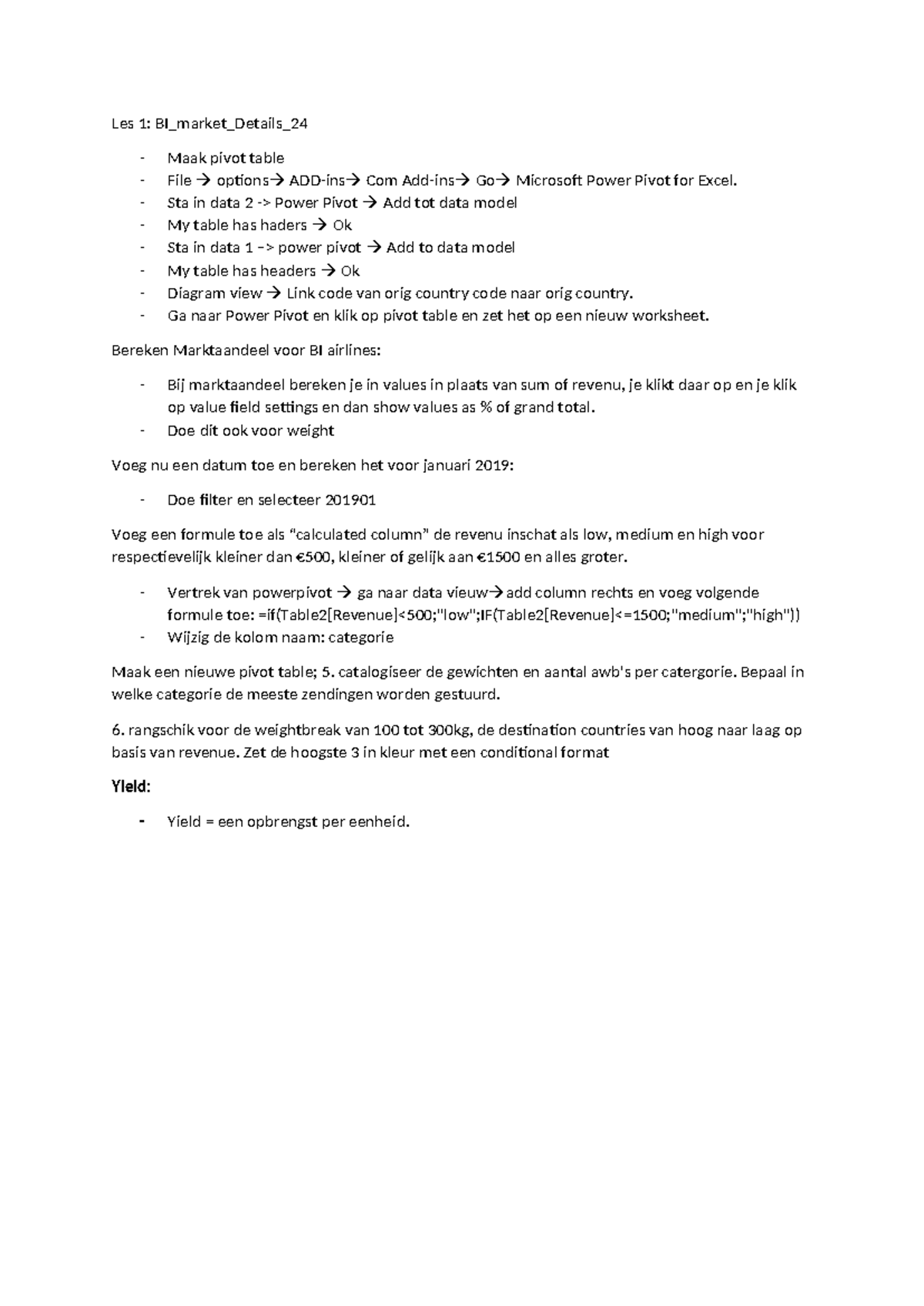 BIA Les 1-4: Excel Pivot Table & Data Analysis Samenvatting - Studocu