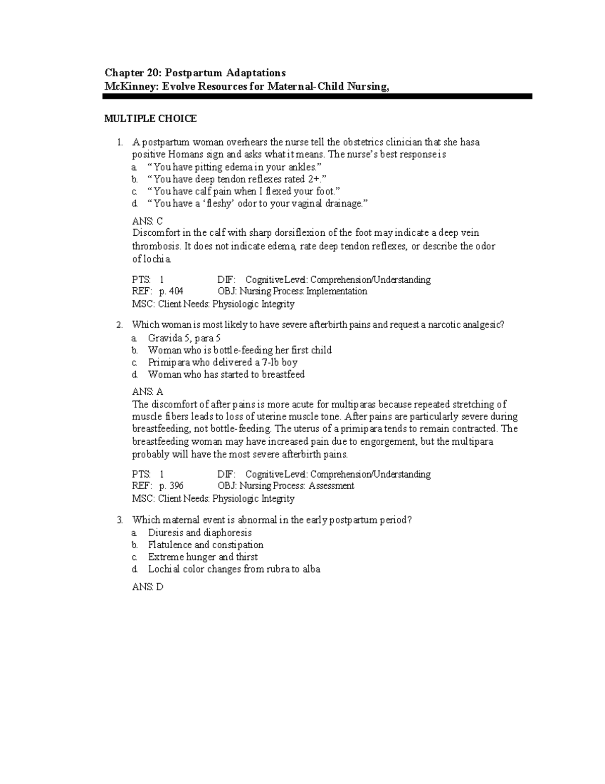 Chapter 20 Practice Questions: Postpartum Adaptations (NUR 410) - Studocu
