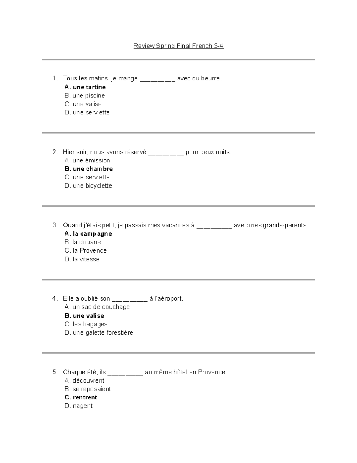 Review Spring Final Exam French 1: Practice Questions and Answers - Studocu