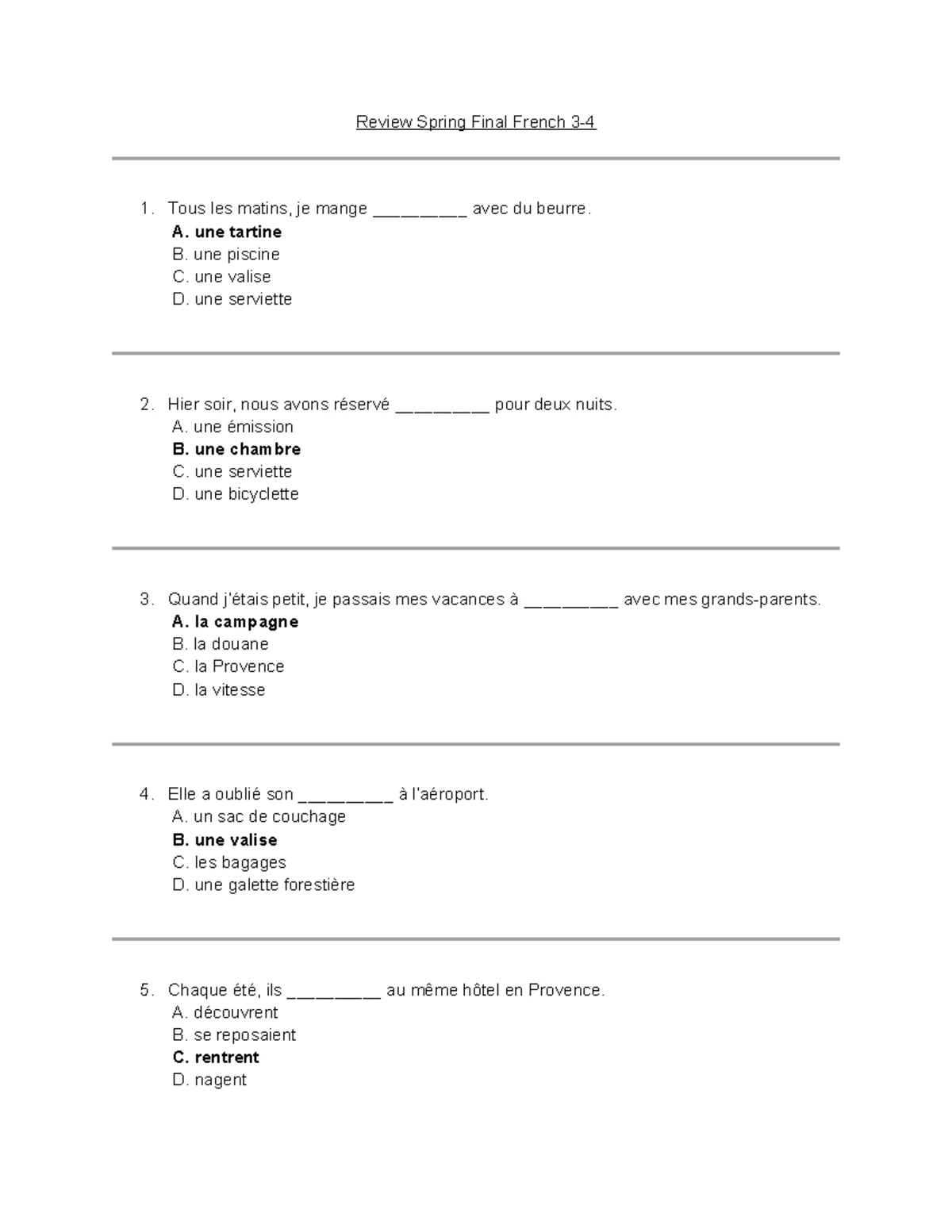 Review Spring Final French 1: Practice Questions and Answers - Studocu