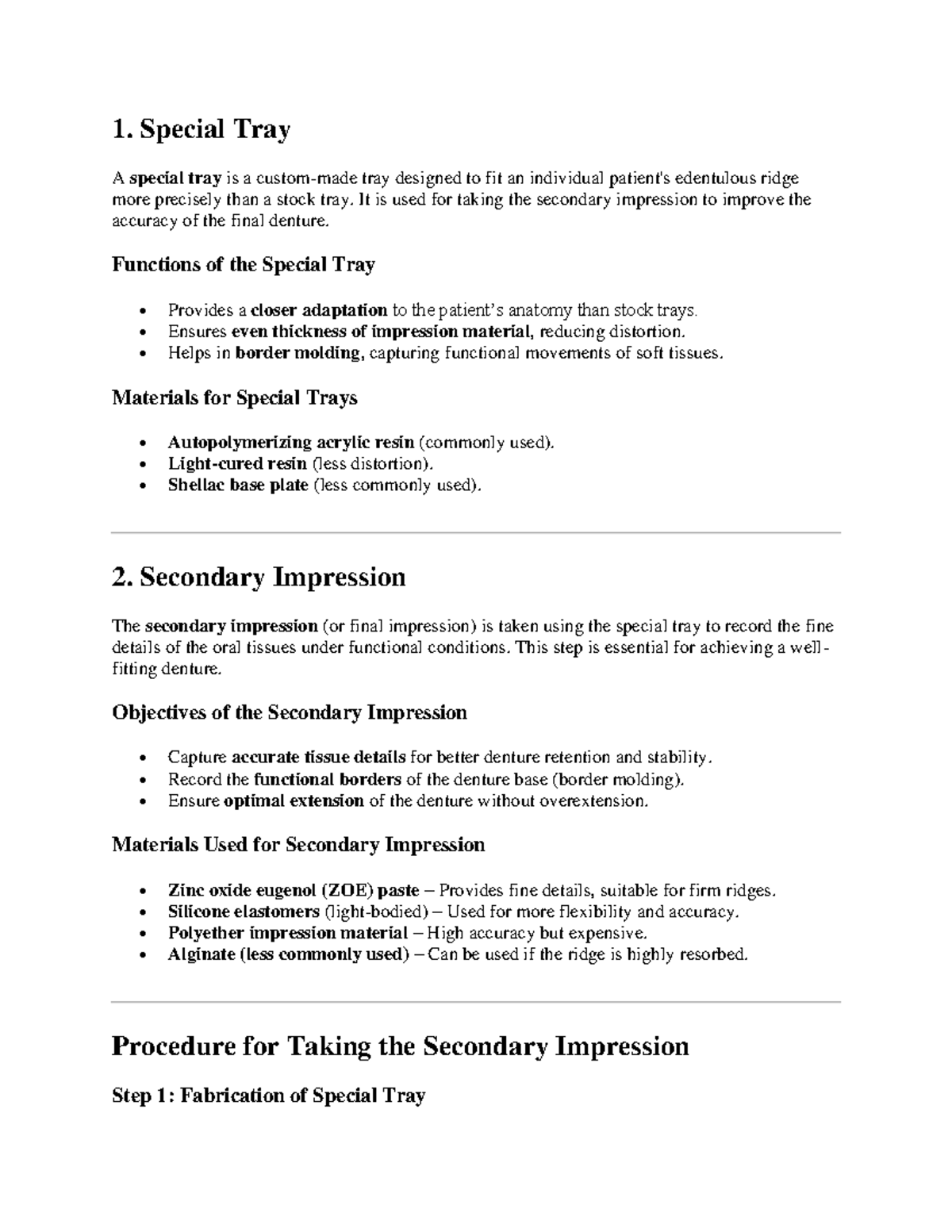 Special Tray & Secondary Impression: Techniques & Materials Guide - Studocu