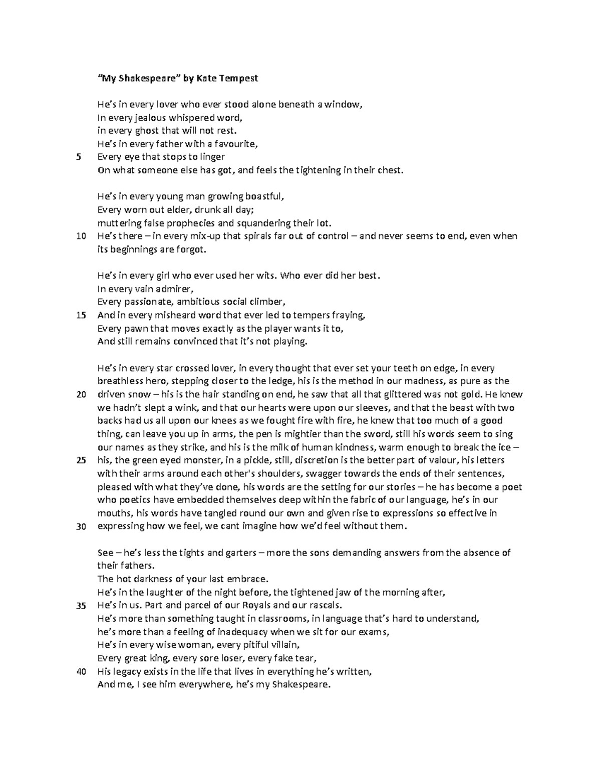 My Shakespeare: An Analysis of Tempest's Poetic Legacy - Studocu