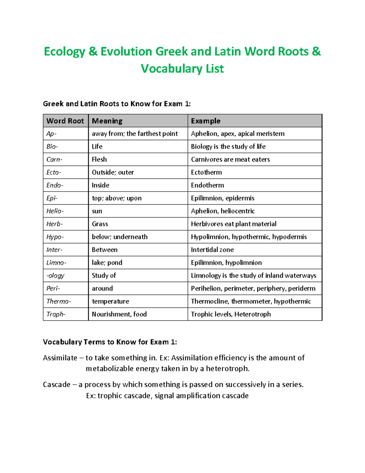 Word Root List BIOL 301 Ecology and Evolutionary Biology - Ecology ...