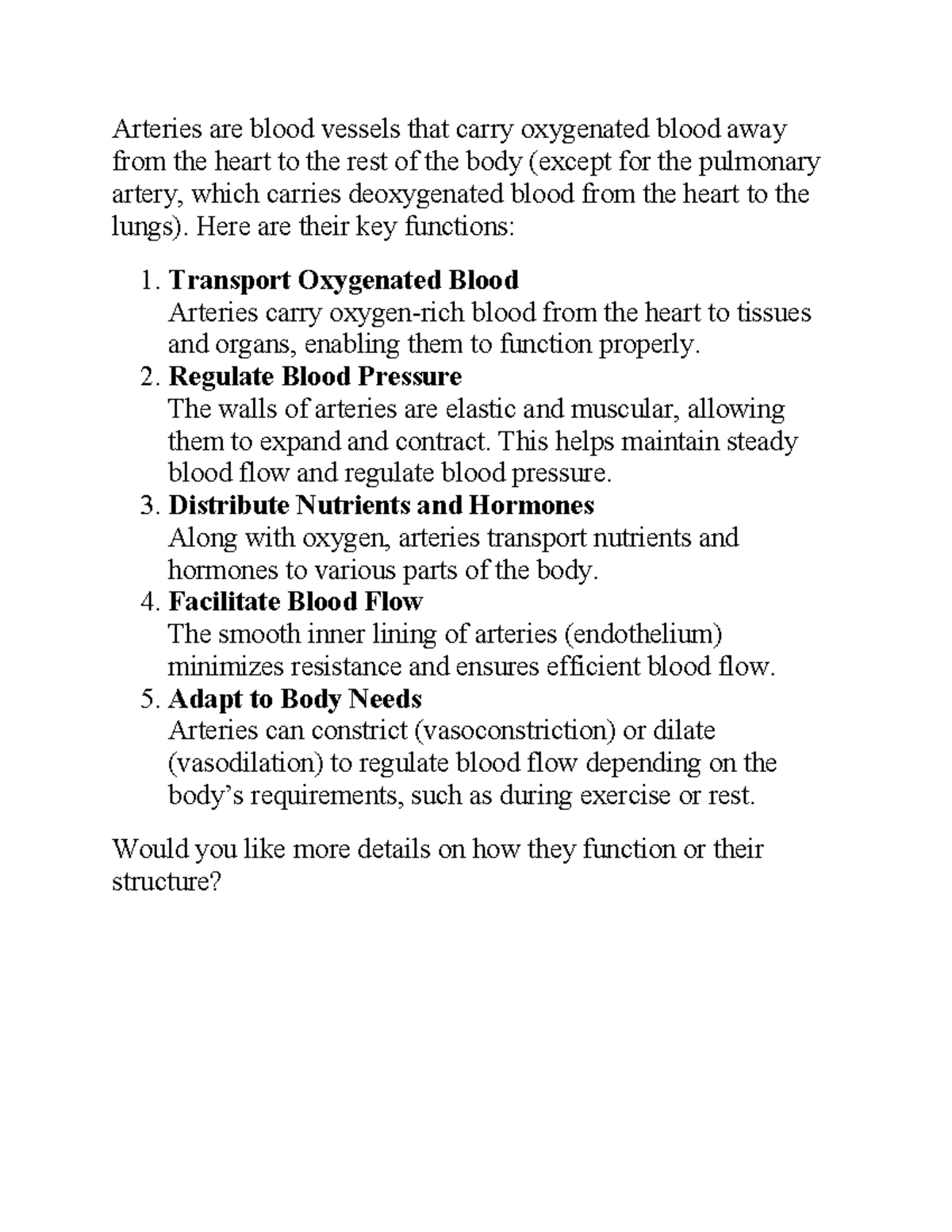 Functions of Arteries: Key Roles in Circulatory System - Studocu