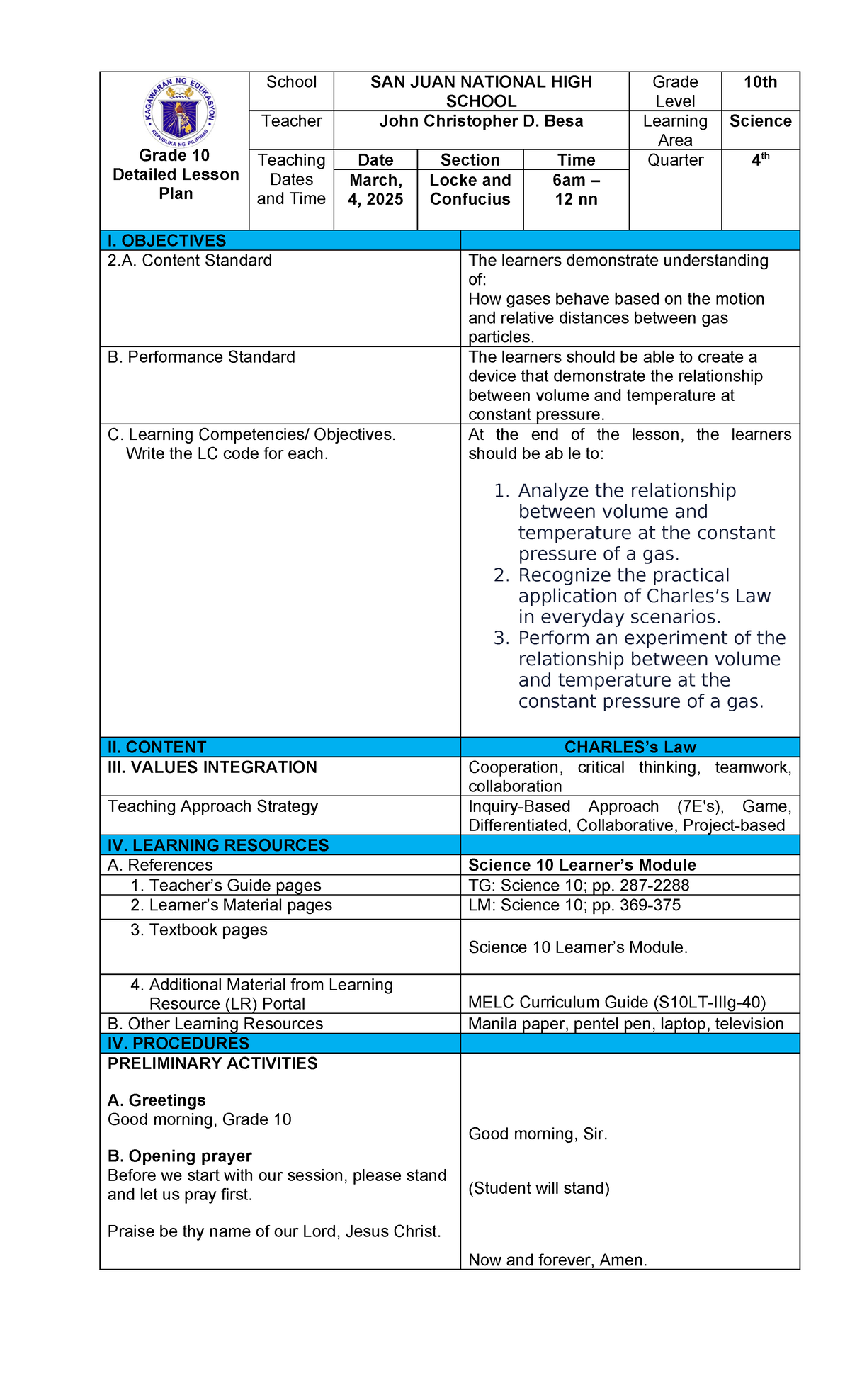 Grade 10 Science Lesson Plan: Exploring Charles' Law and Its ...