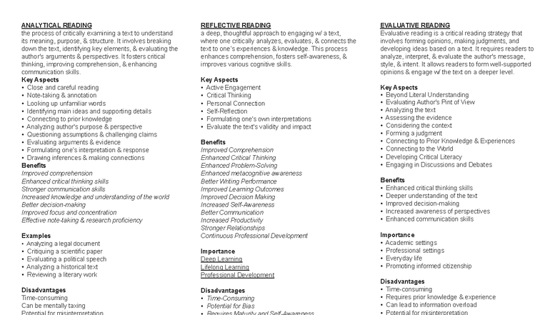 ANALYTICAL READING: Understanding Texts and Enhancing Skills - Studocu