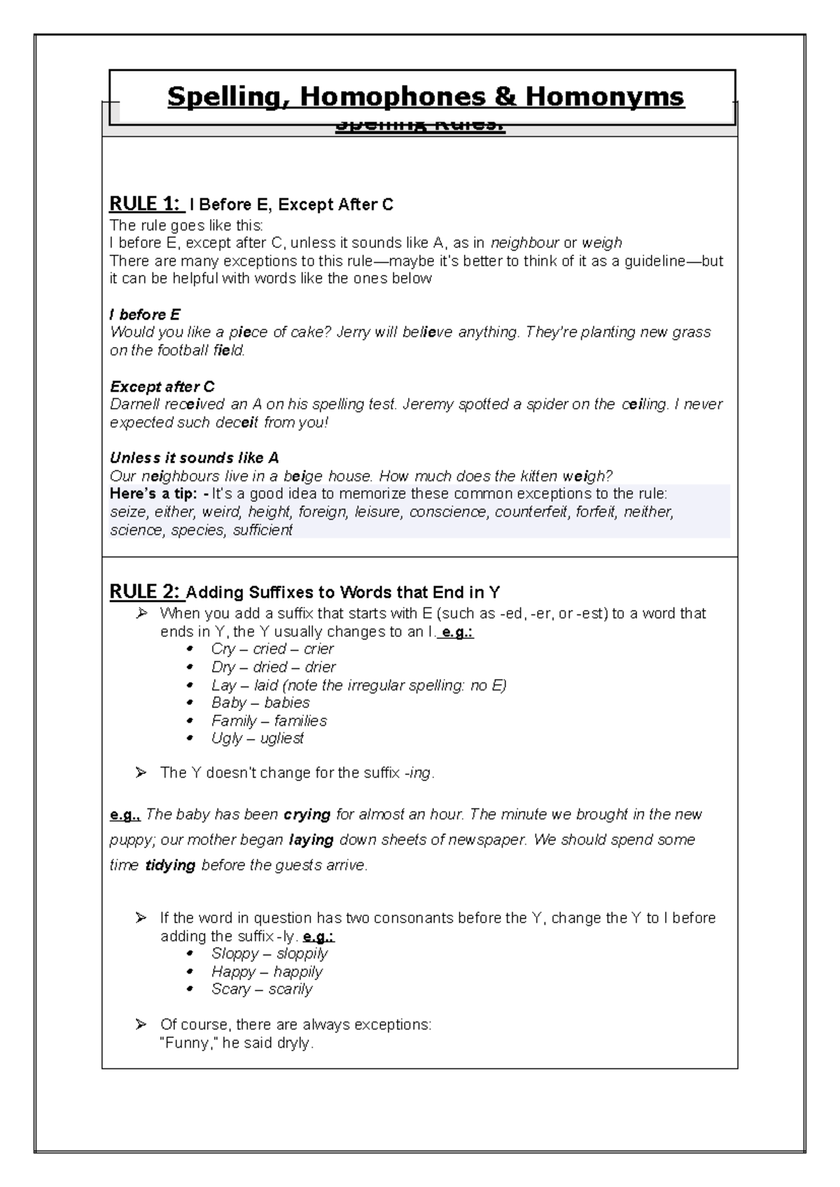 Spelling & Homophones/Homonyms Notes & Activities (ENG 101) - Studocu