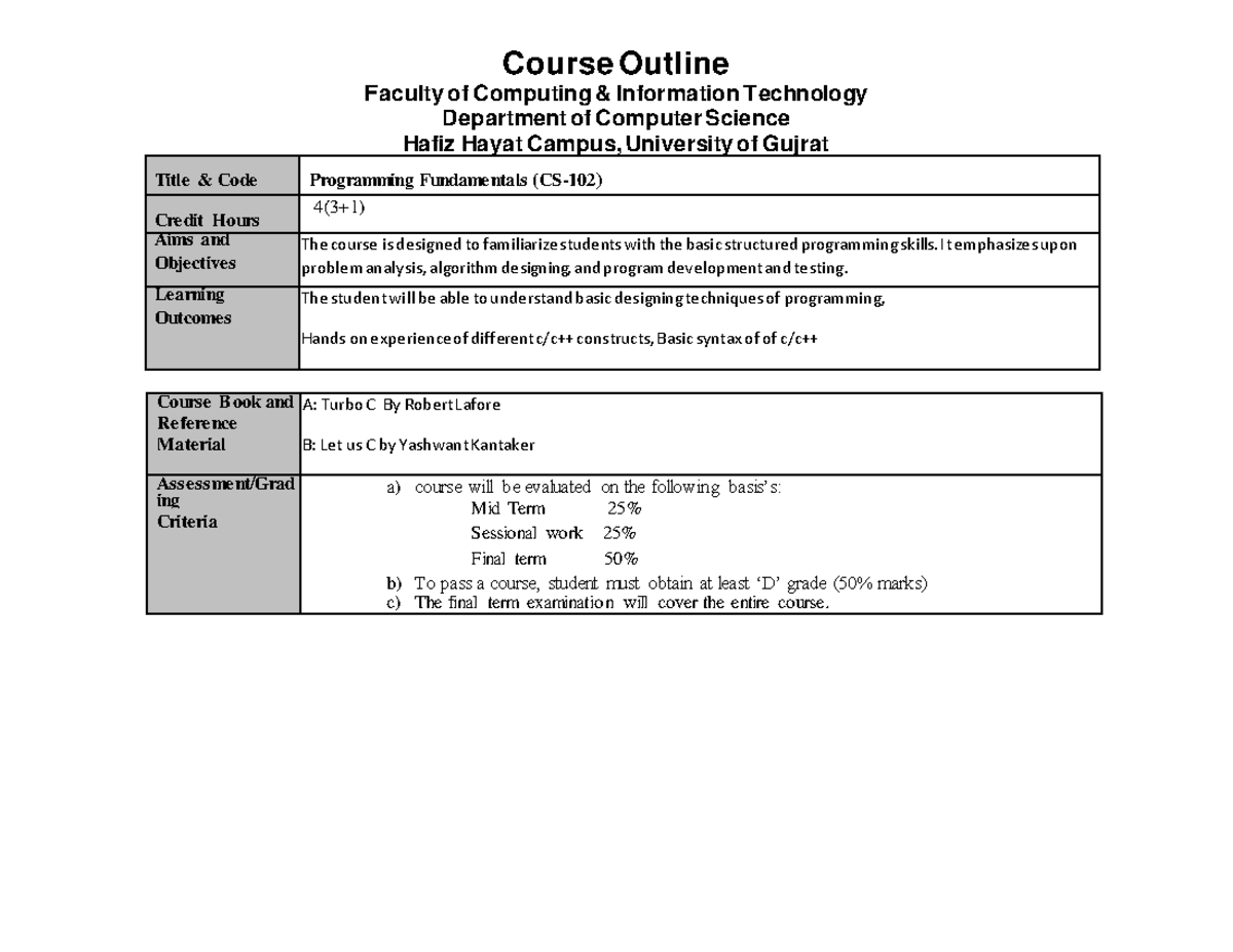 CS-102 Programming Fundamentals Course Outline and Exam Details - Studocu