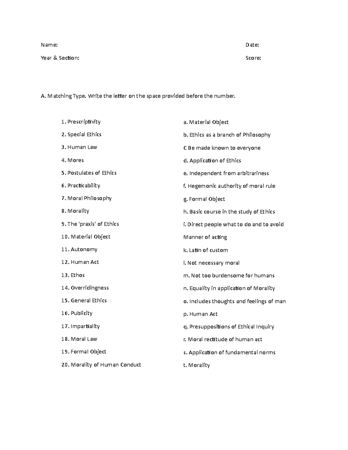 Ethics 101: Summative TEST with Matching, Classification & True/False ...