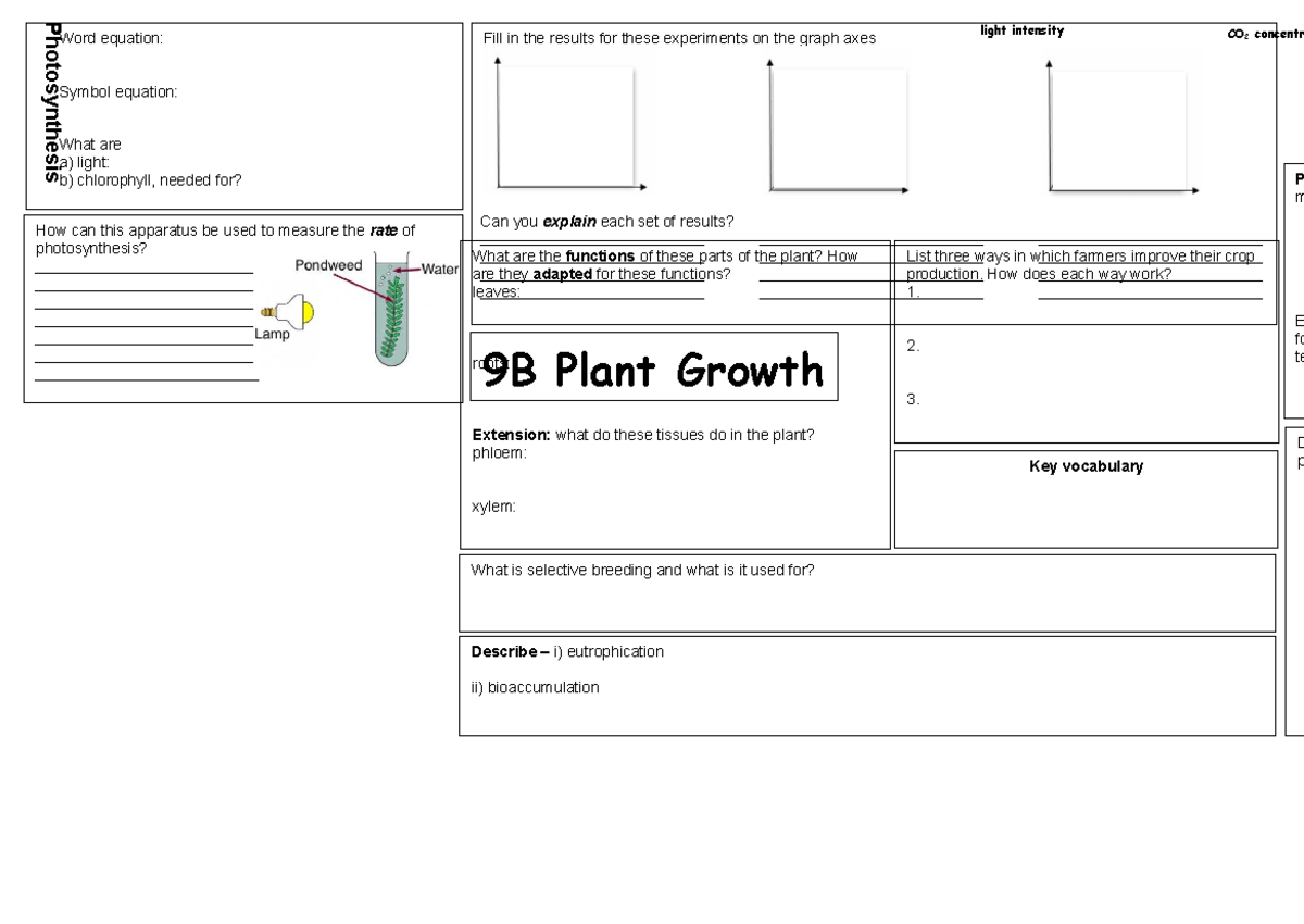 9B Revision mat - 9B Plant Growth Word equation: Symbol equation: What ...