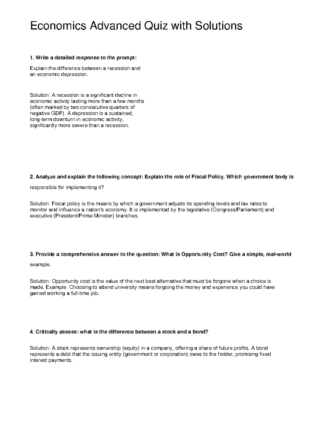 Economics 11 Quiz: Key Concepts and Solutions - Studocu
