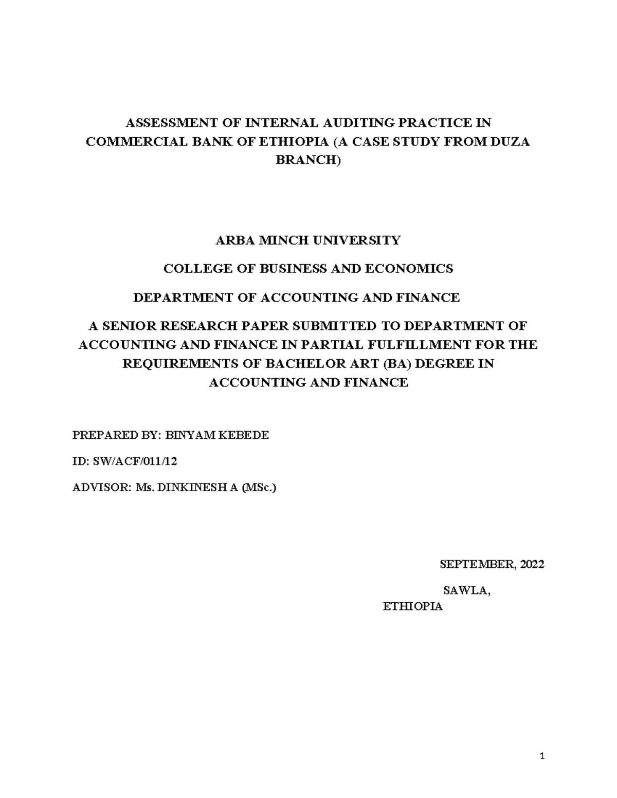 Assessment of Internal Auditing Practices at CBE Duza Branch - A Case ...