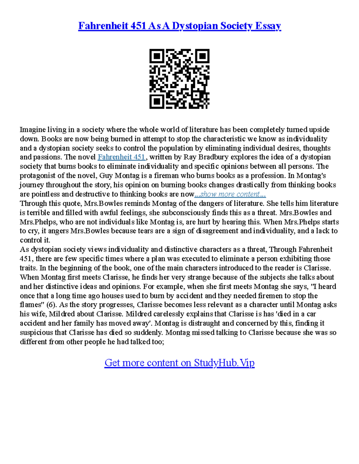 Fahrenheit 451 Dystopian Society Essay Thesis and Analysis - Studocu