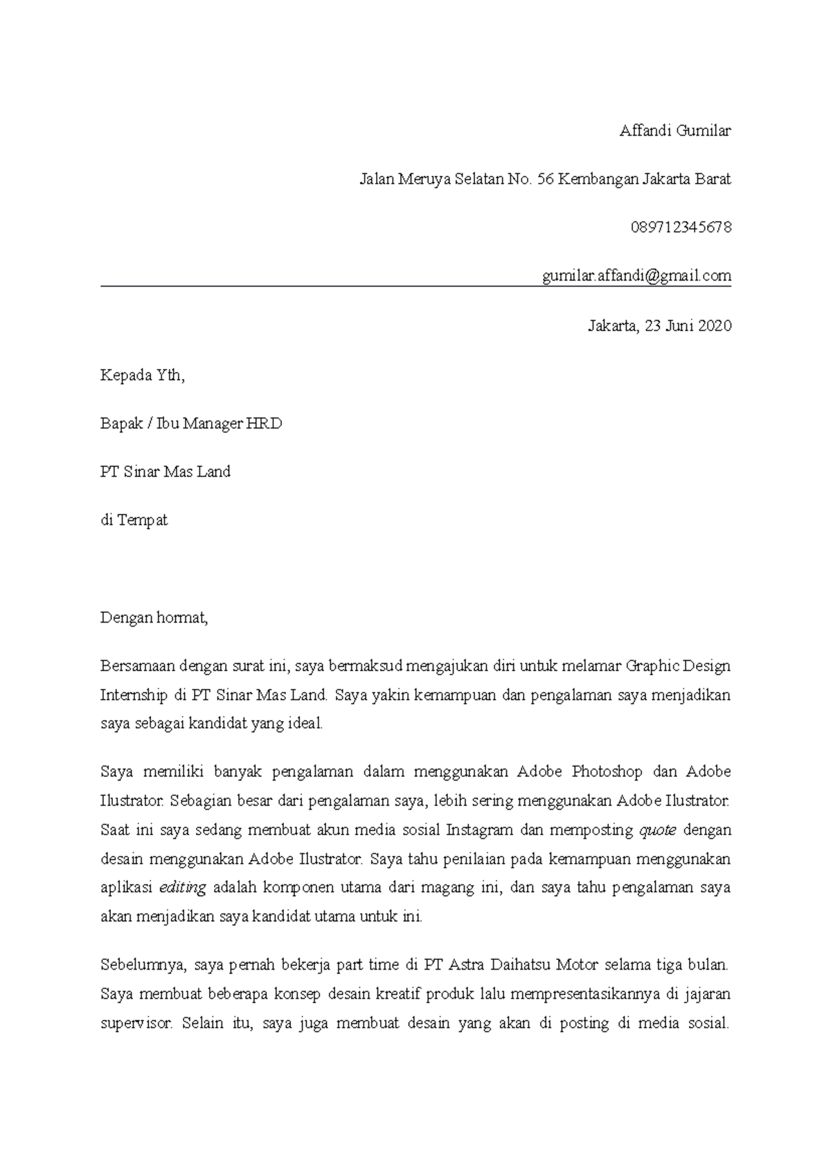 Contoh Surat Lamaran Kerja Magang atau Internship - Affandi Gumilar ...