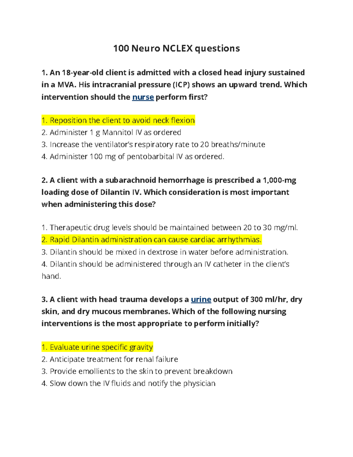 100 NCLEX Neuro Questions Study Guide for NCLEX Preparation - Studocu