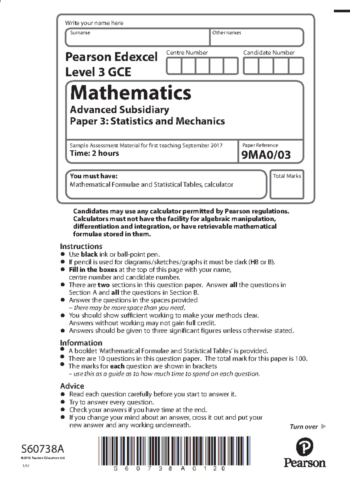 03 A Level Mathematics Paper 3: Statistics & Mechanics Specimen ...