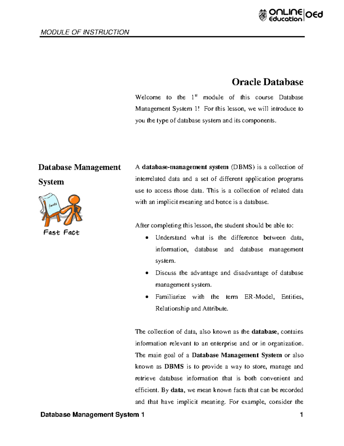 Lesson 1 - Introduction to Database Management System - MODULE OF ...