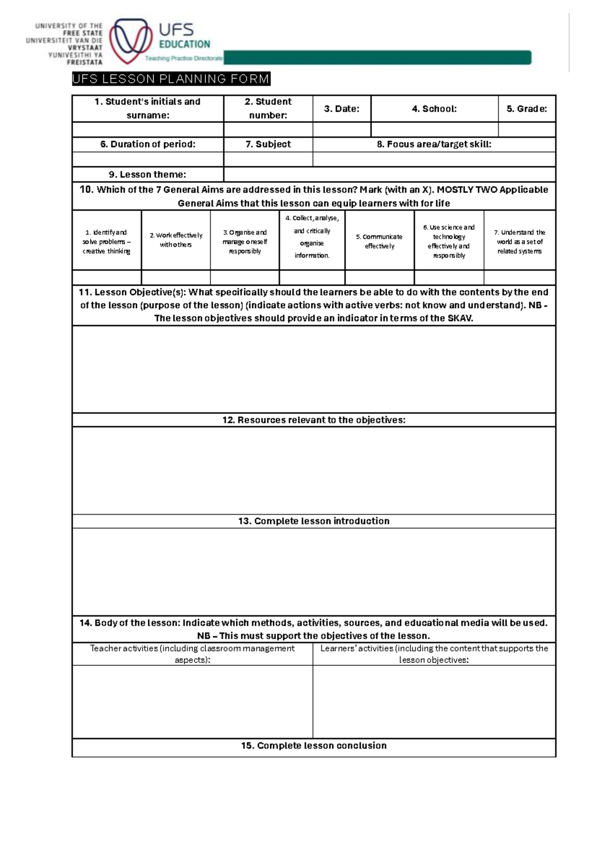 UFS Lesson Planning Form - Studocu