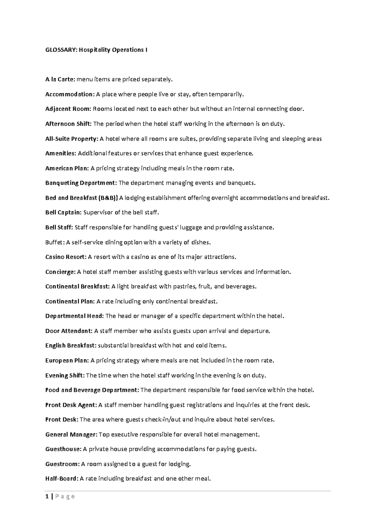 Glossary of Terms for Hospitality Operations I (HOSP 101) - Studocu