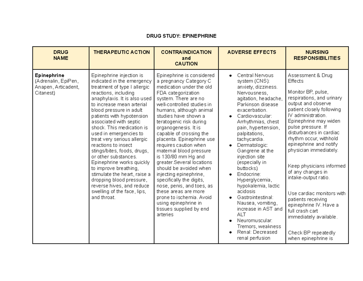 Epinephrine Drug Study: Therapeutic Actions & Nursing Responsibilities ...