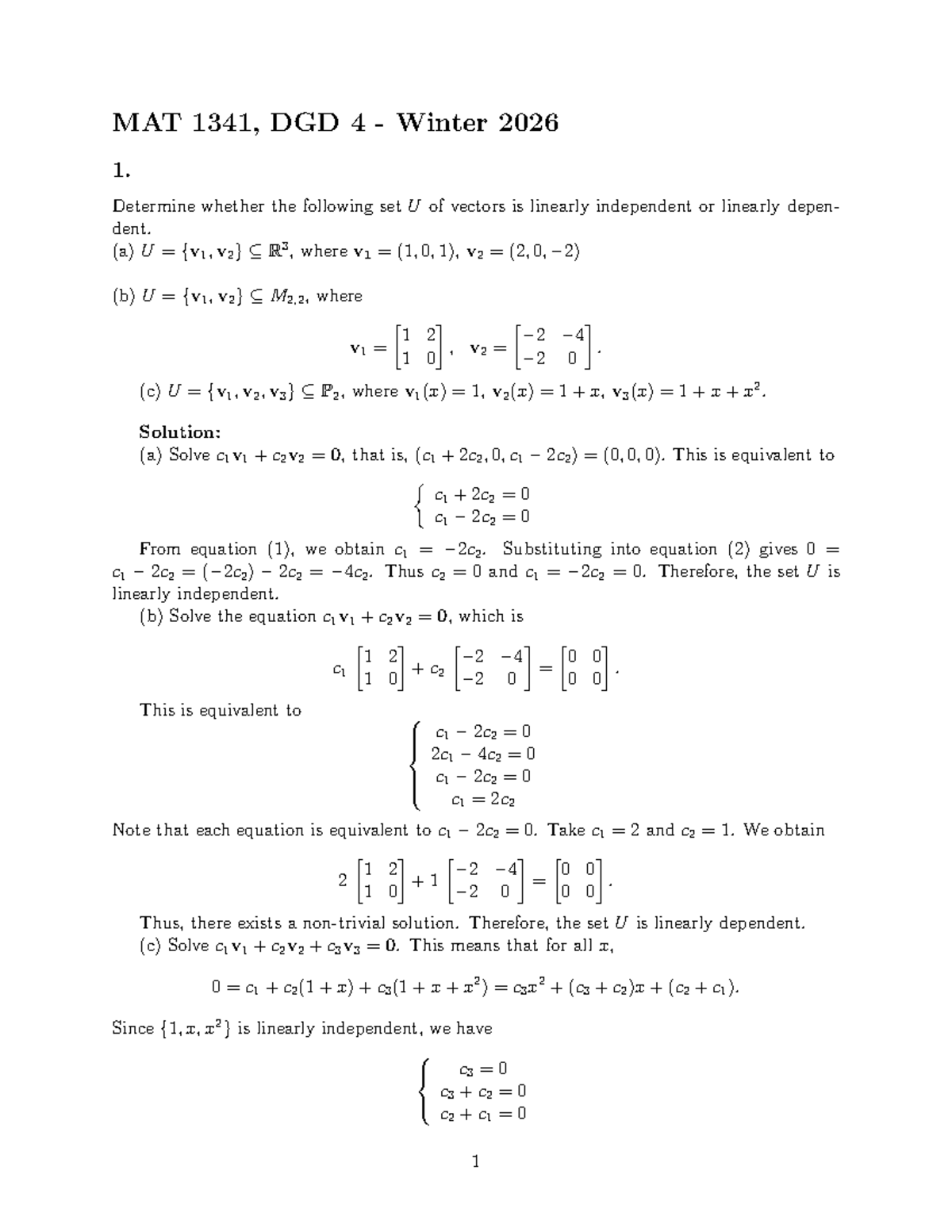 MAT 1341 DGD 4 Winter 2026: Linear Independence Solutions - Studocu