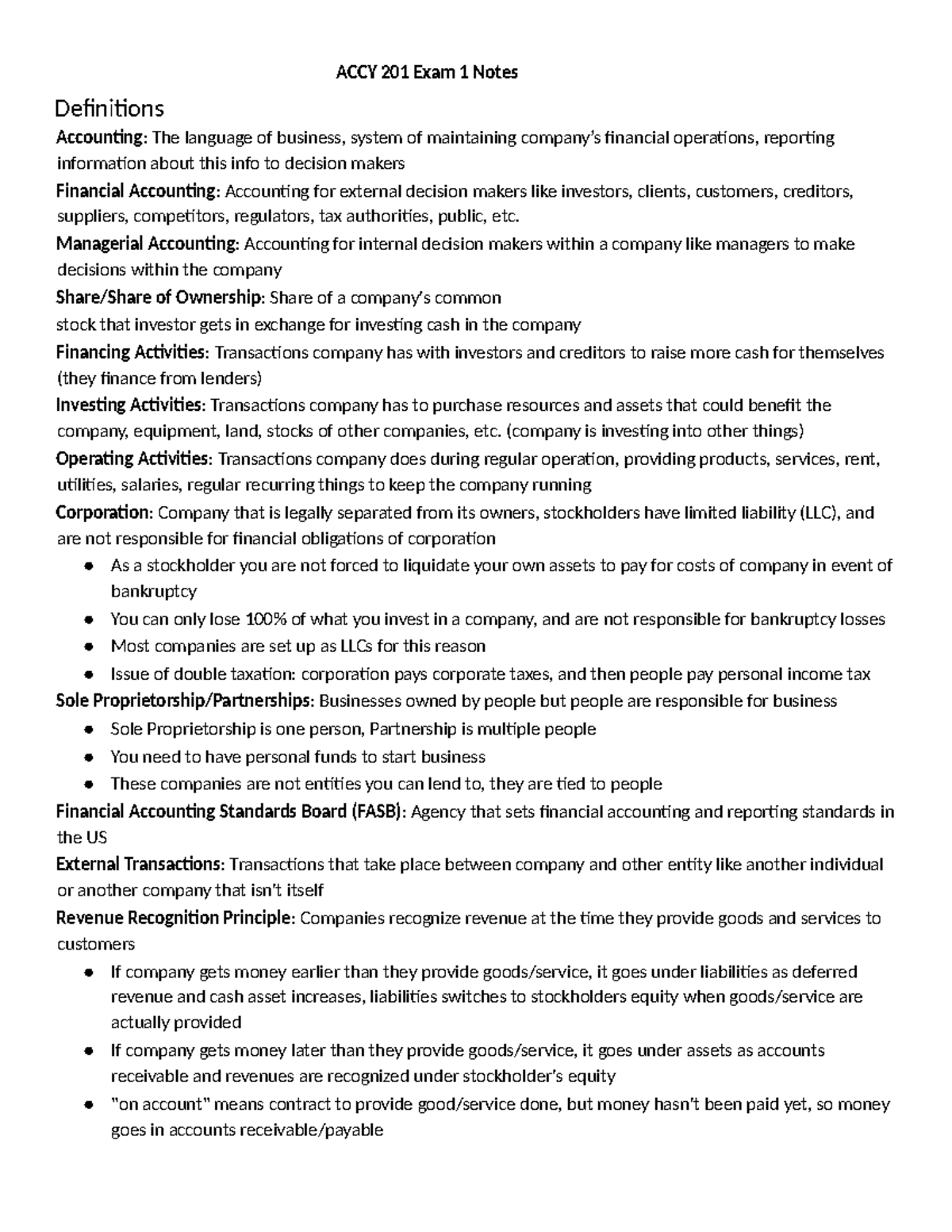ACCY 201 Exam 1 Study Notes: Key Accounting Definitions - Studocu