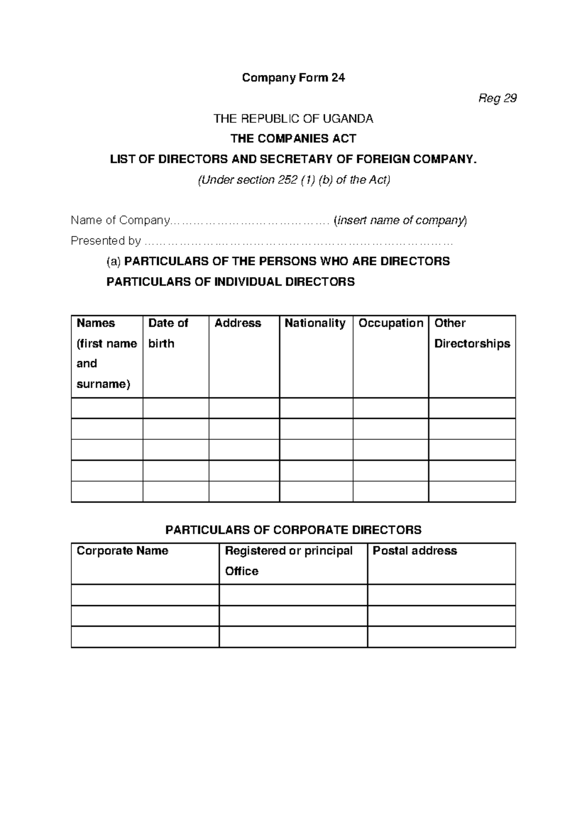 Company Form 24 Reg 29: List of Directors & Secretary for Foreign Co ...