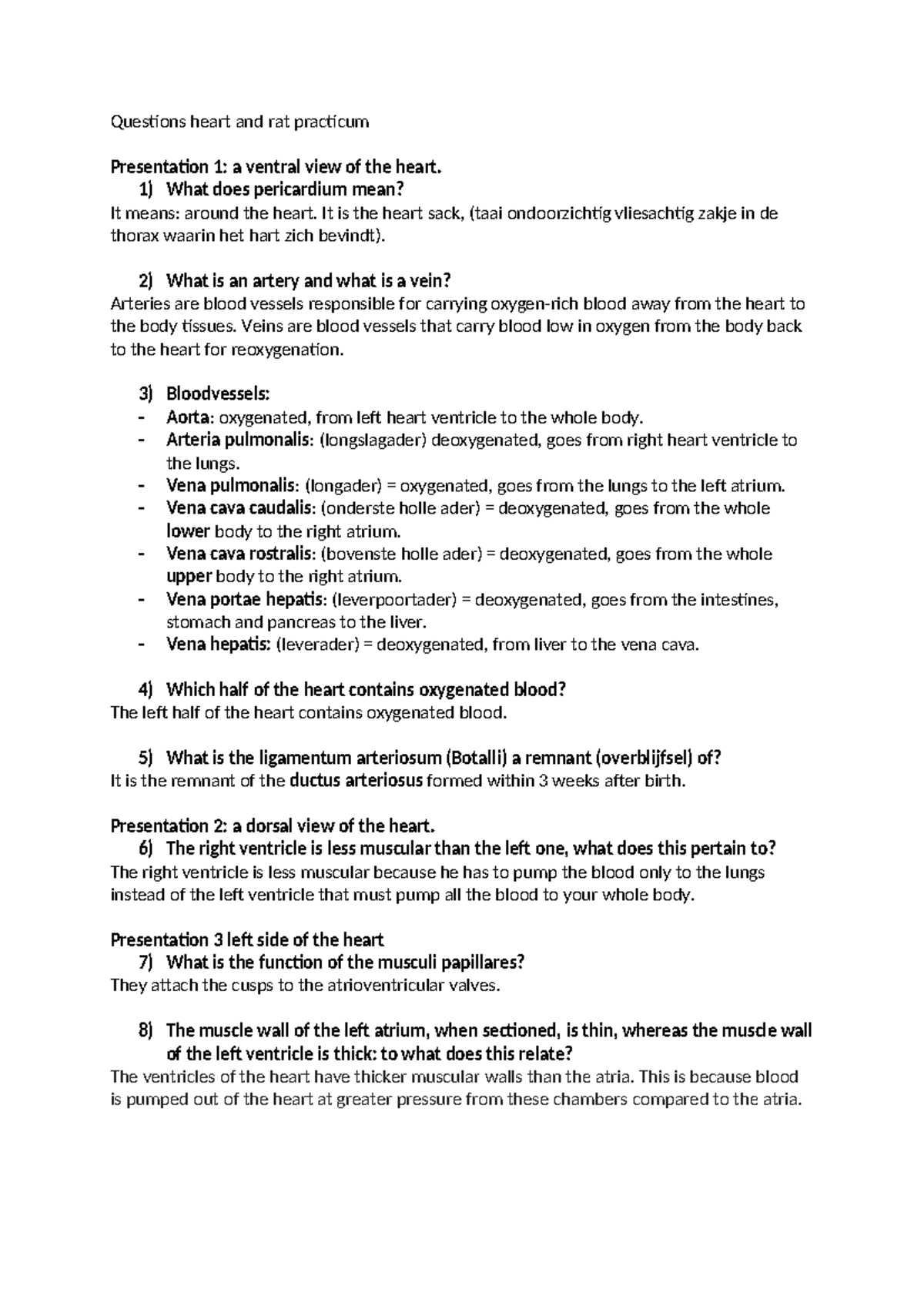 Questions Practica: Heart and Rat Anatomy Overview - Studeersnel