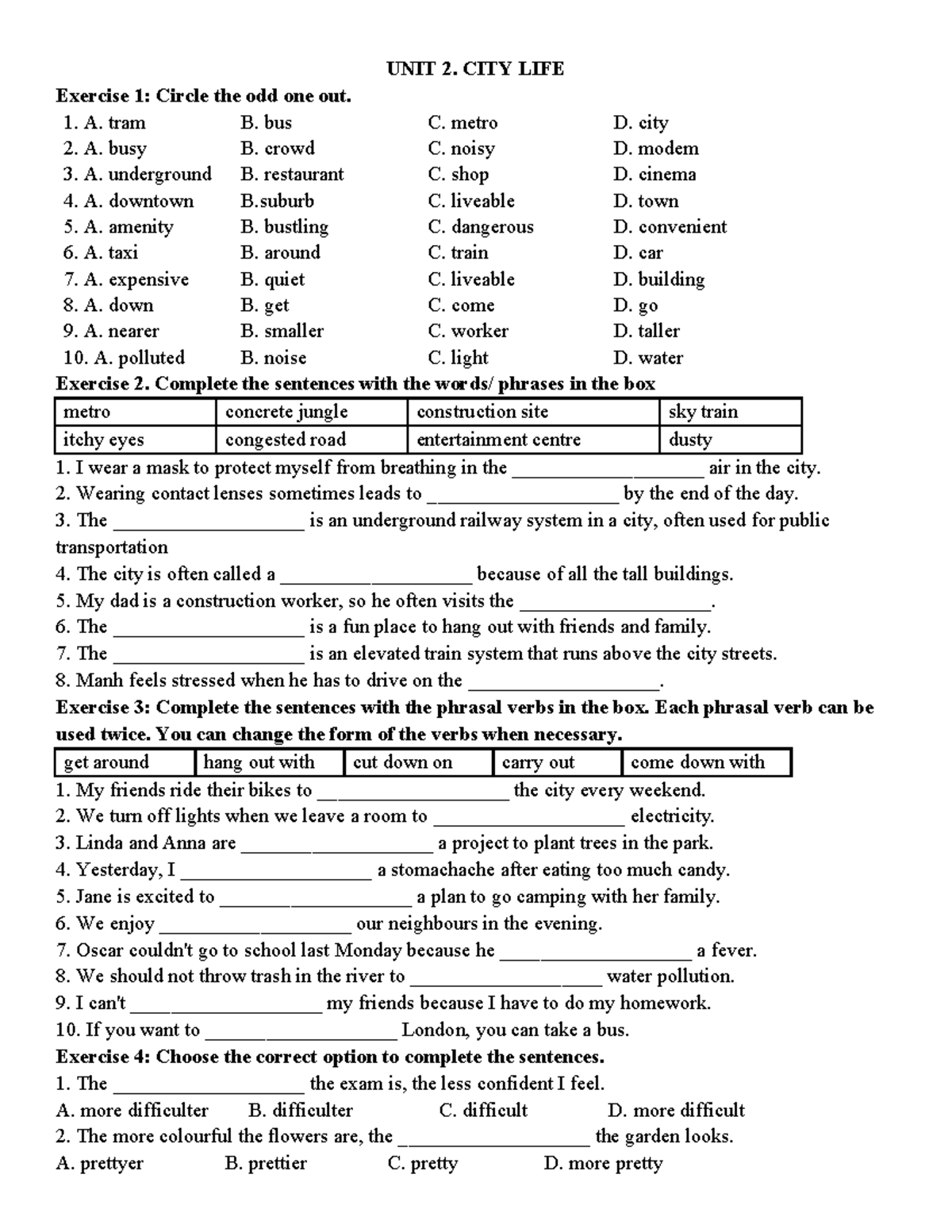 Unit 2: City Life - Practice Exercises and Activities - Studocu