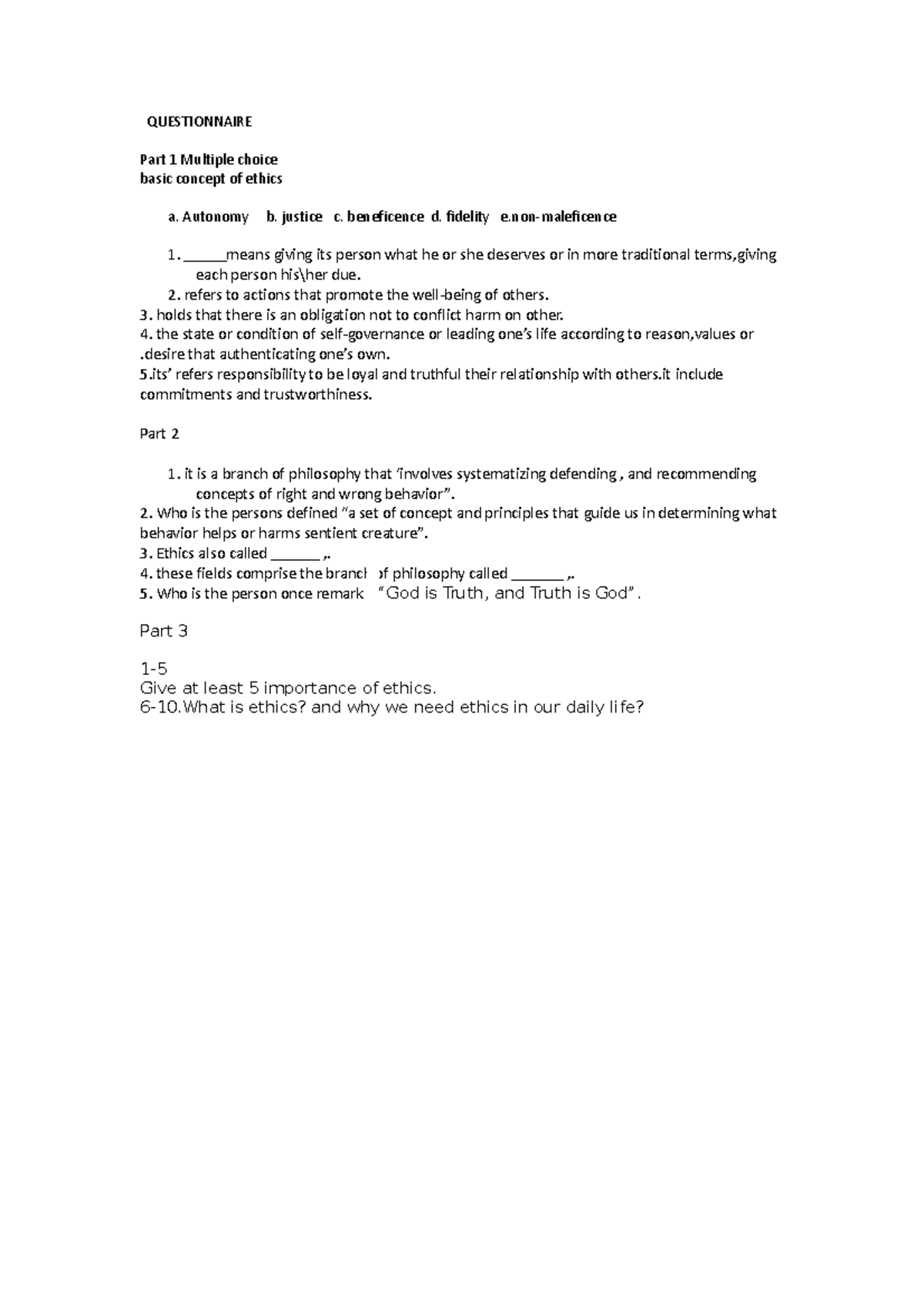 Ethics Questionnaire: Essentials & Concepts for Students - Studocu