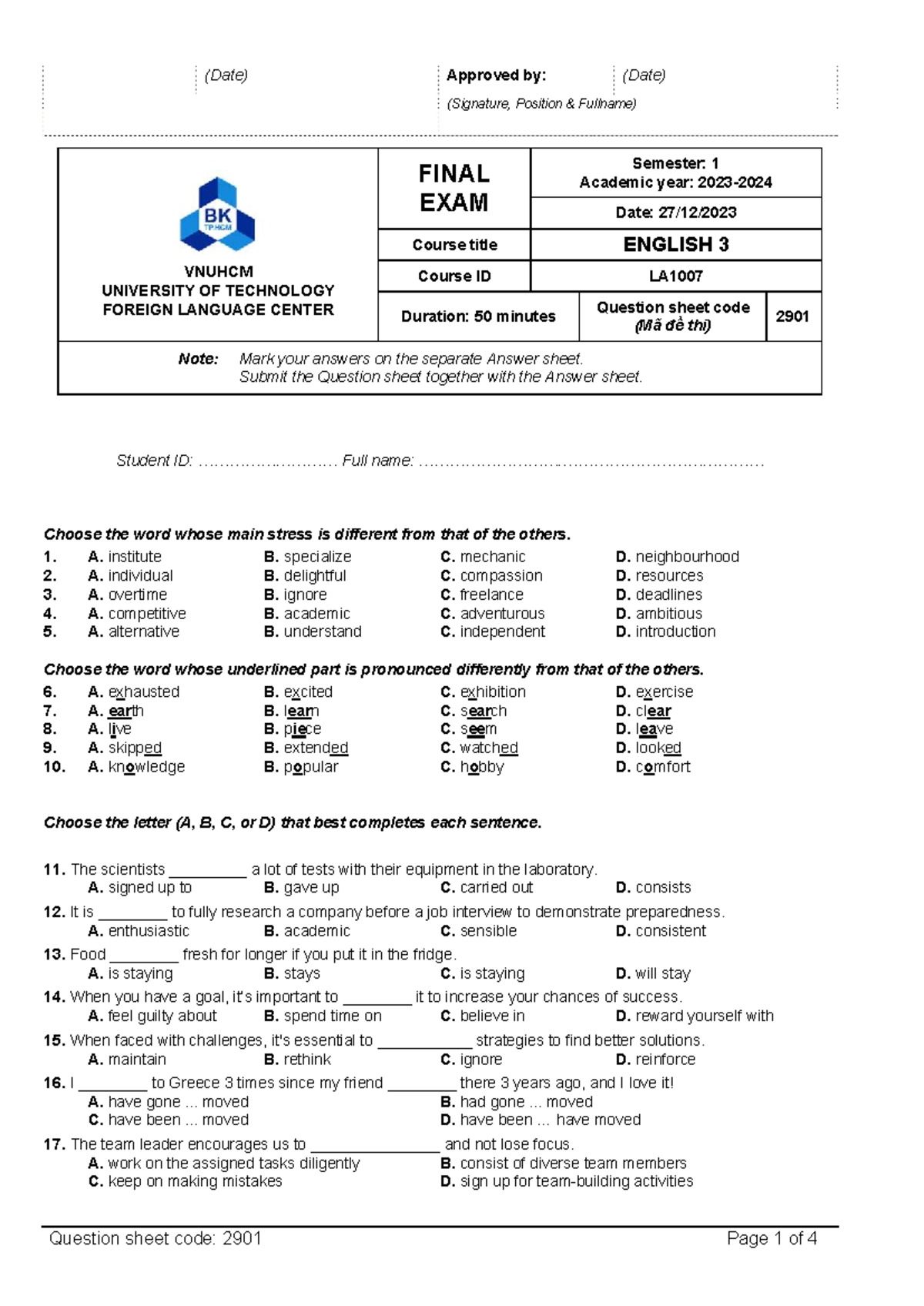 Final Exam LA1007: English 3 Question Sheet (Code 2901) - Studocu