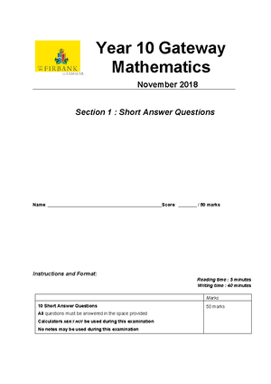 Gateway Exam Short Answer 2020 - Mathematics YEAR 10 GATEWAY PROGRAM ...