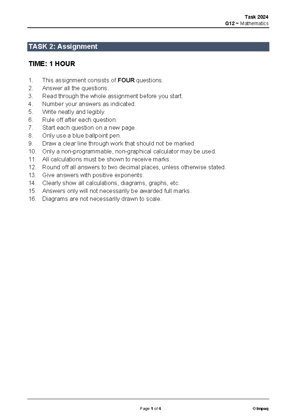 G12 Mathematics Task 2024: Assignment 2 Guidelines and Questions - Studocu