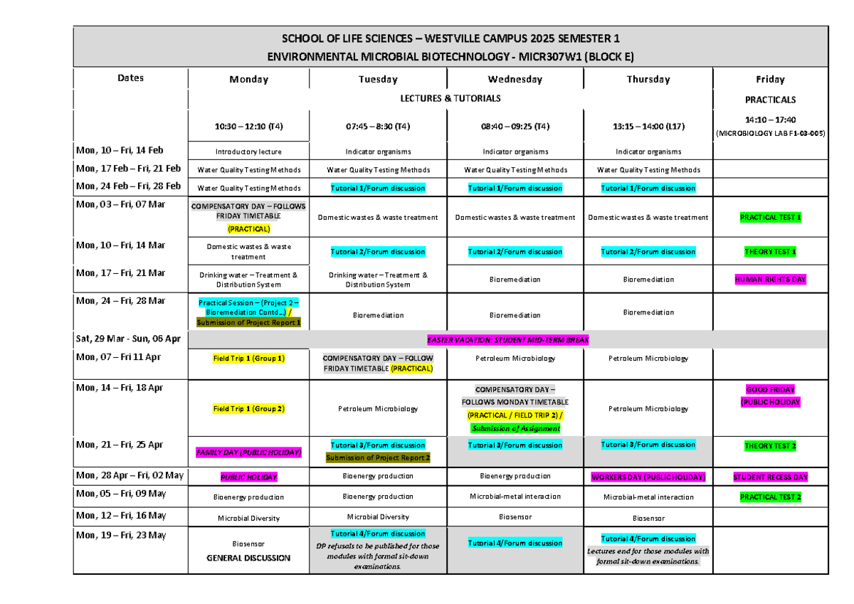MICR307 W1 Timetable 2025S1 2025-02-10 18 30 15 - SCHOOL OF LIFE ...