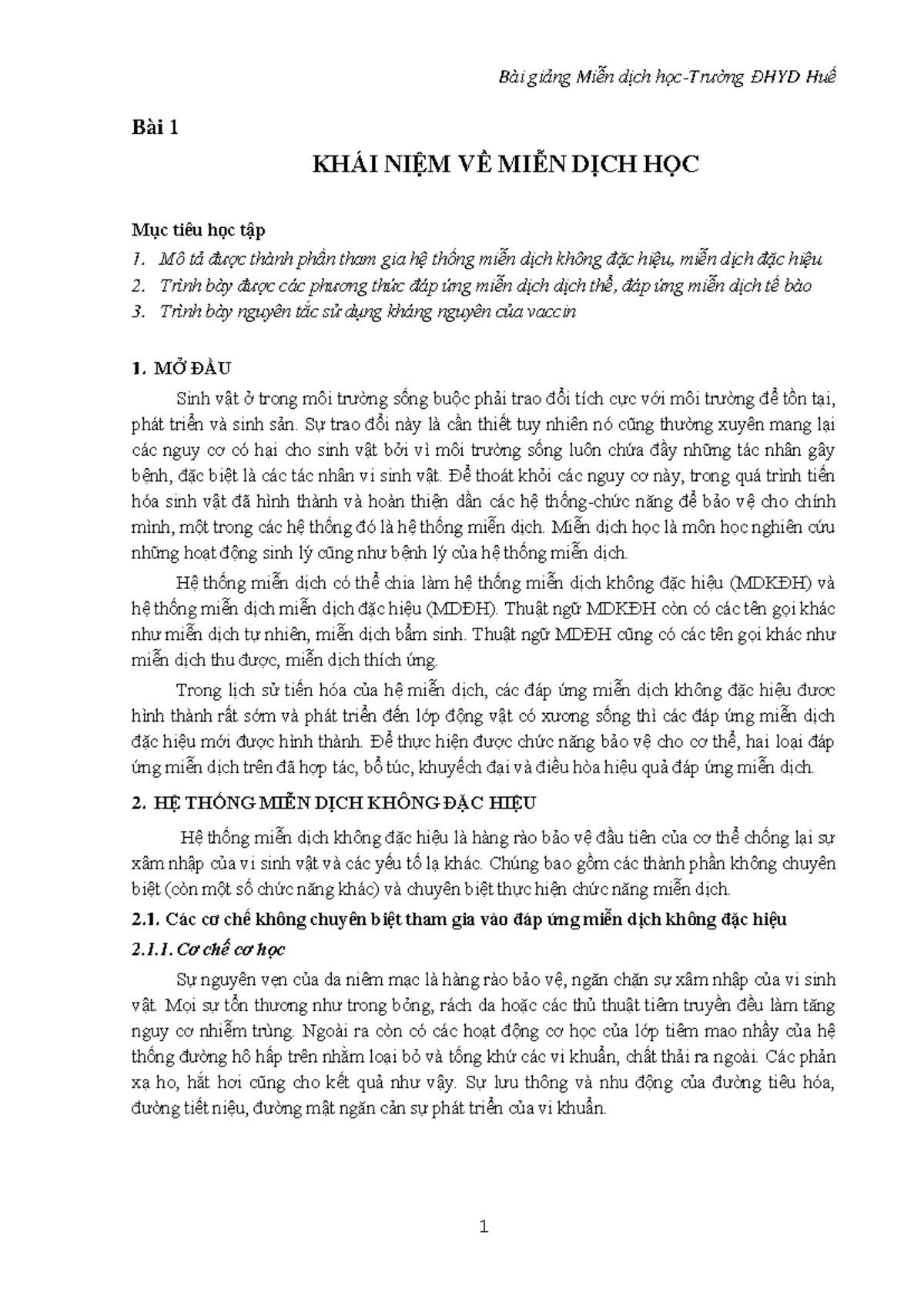 Bài giảng Miễn dịch ĐHYD Huế - Bài 1: Khái niệm về Miễn dịch học - Studocu