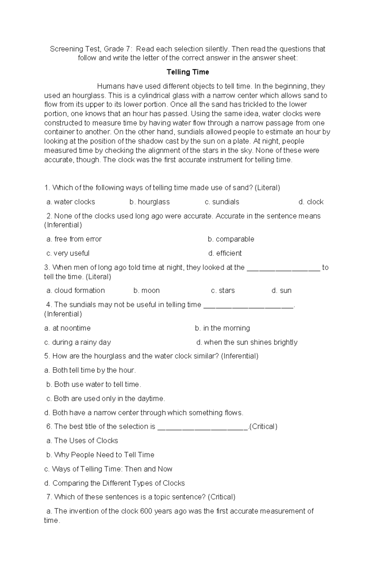 Grade 7 Screening Test 1: Understanding Time Measurement Methods - Studocu