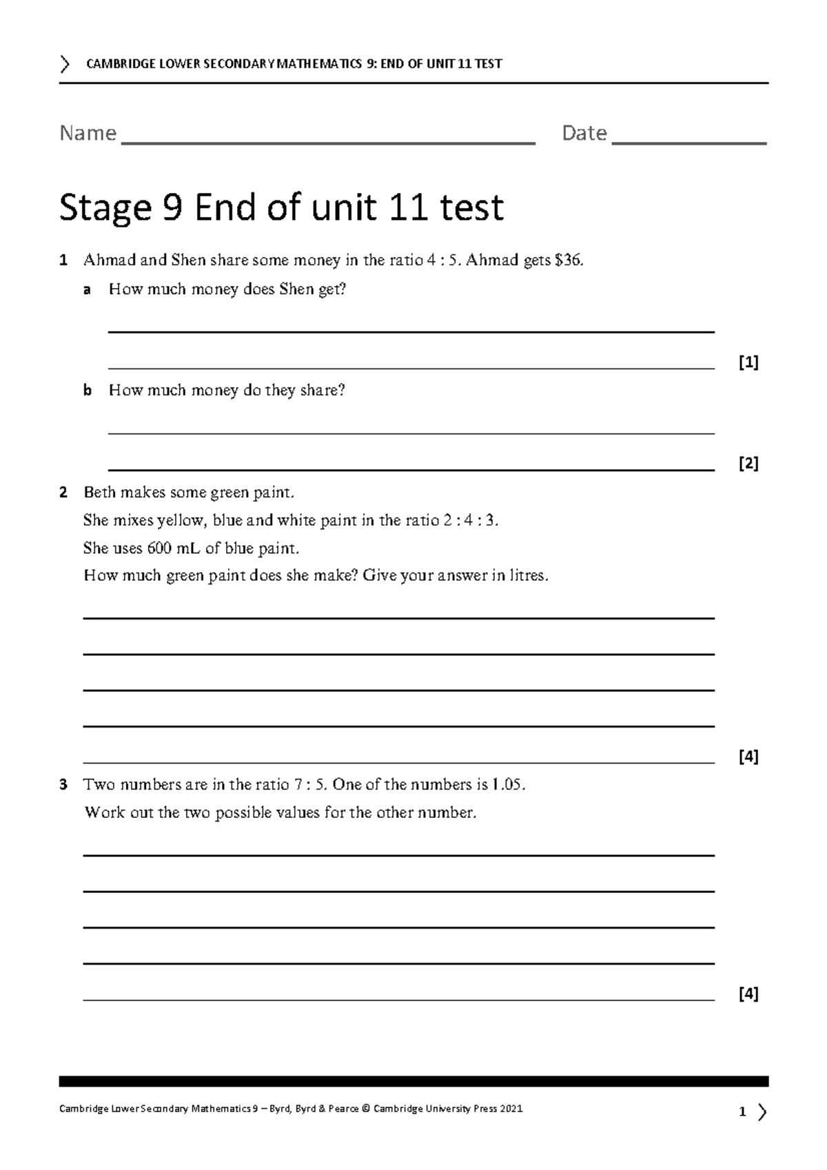 CAMBRIDGE LOWER SECONDARY MATHEMATICS 9: UNIT 11 TEST - Studocu