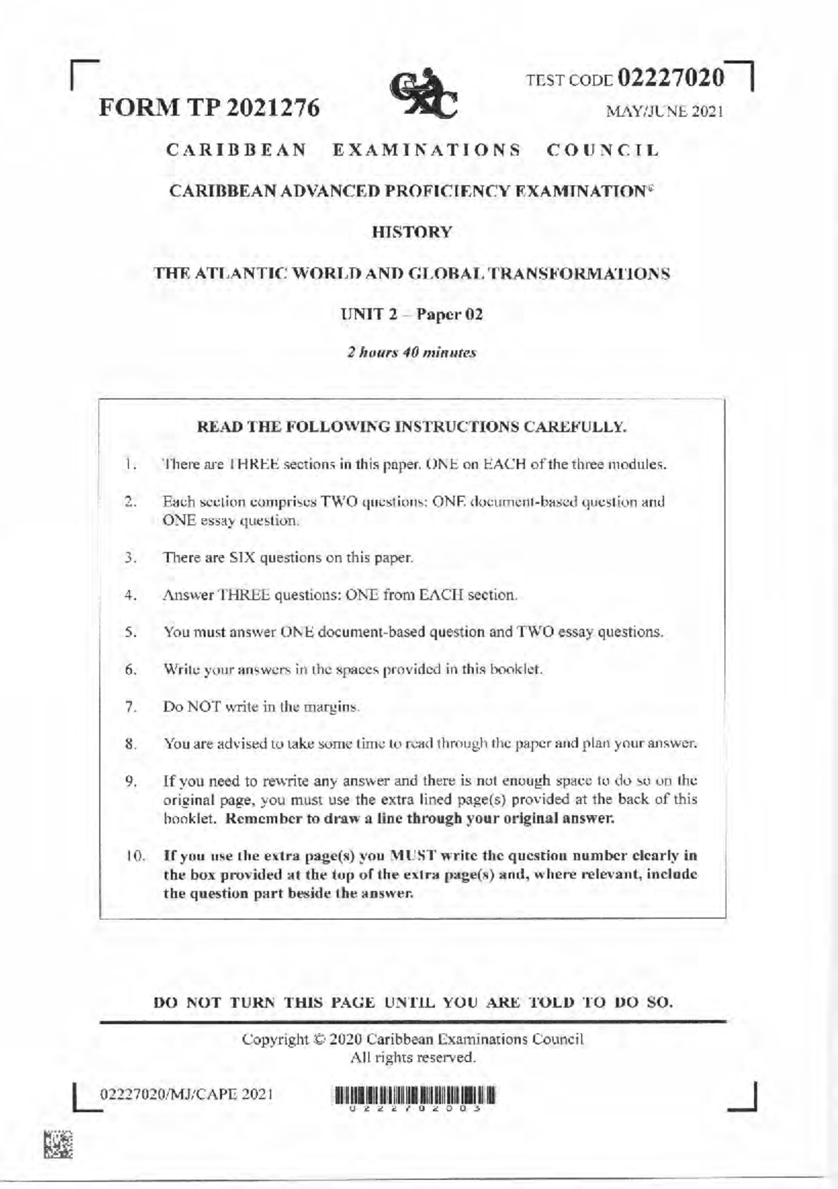 CAPE History 2021 Unit 2 Paper 02 - Past Exam Questions - Studocu