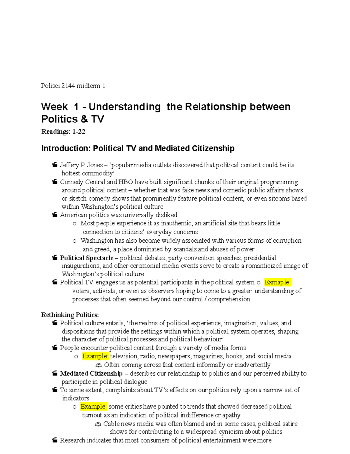 Polisci 2144 Midterm 1 Notes: Understanding Political TV and ...