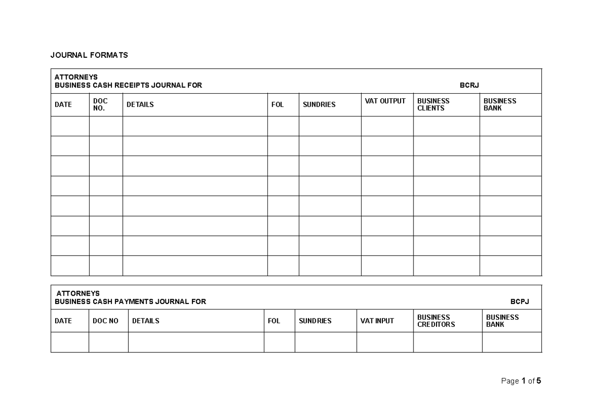 Journal Formats - accounting - JOURNAL FORMATS ATTORNEYS BUSINESS CASH ...