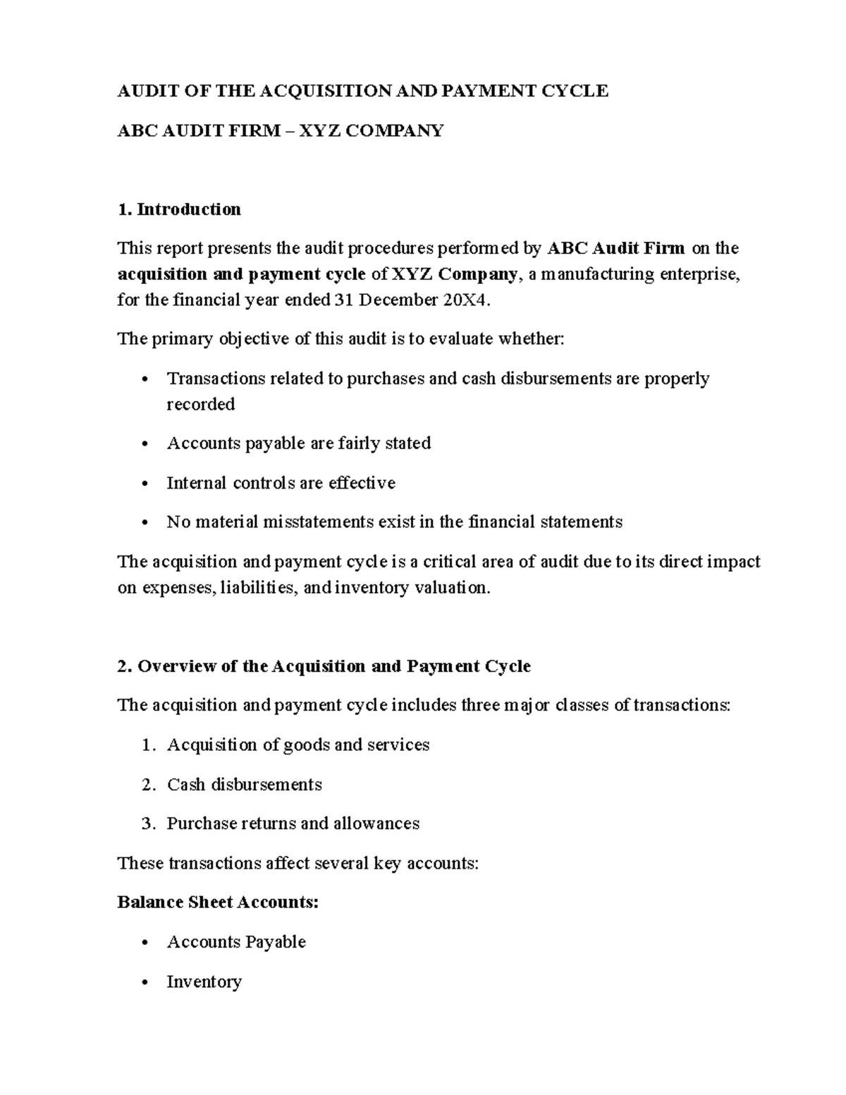 AUDIT OF ACQUISITION & PAYMENT CYCLE - ABC AUDIT FIRM (FIN 20X4) - Studocu