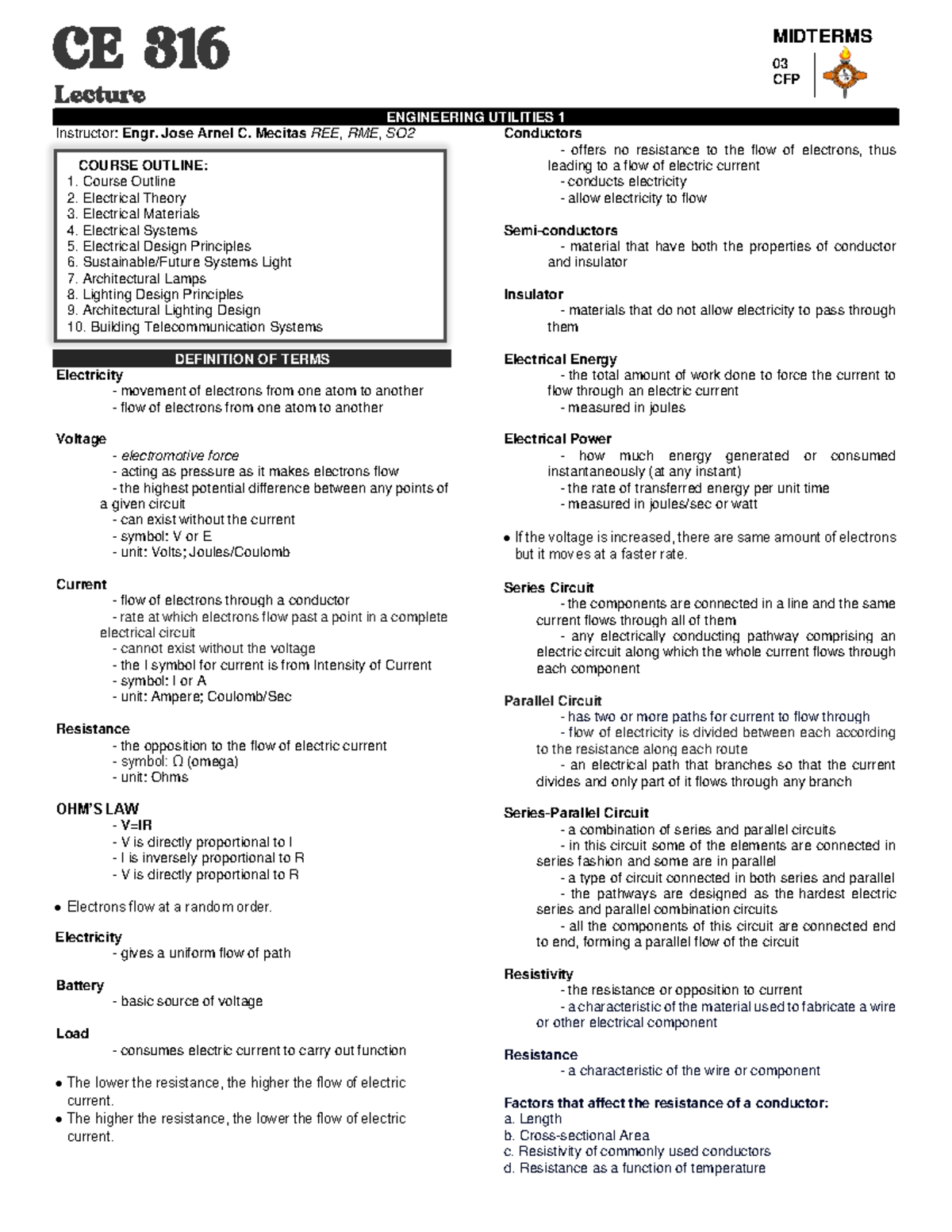 CE 316 Midterm Exam Reviewer: Engineering Utilities 1 - Studocu