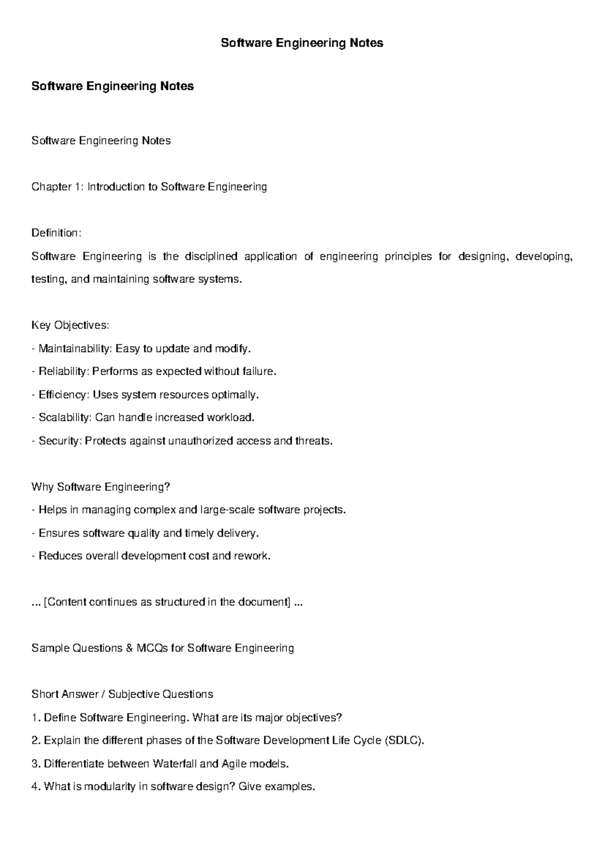 Software Engineering Notes: Chapter 1 - Intro to SE Concepts - Studocu