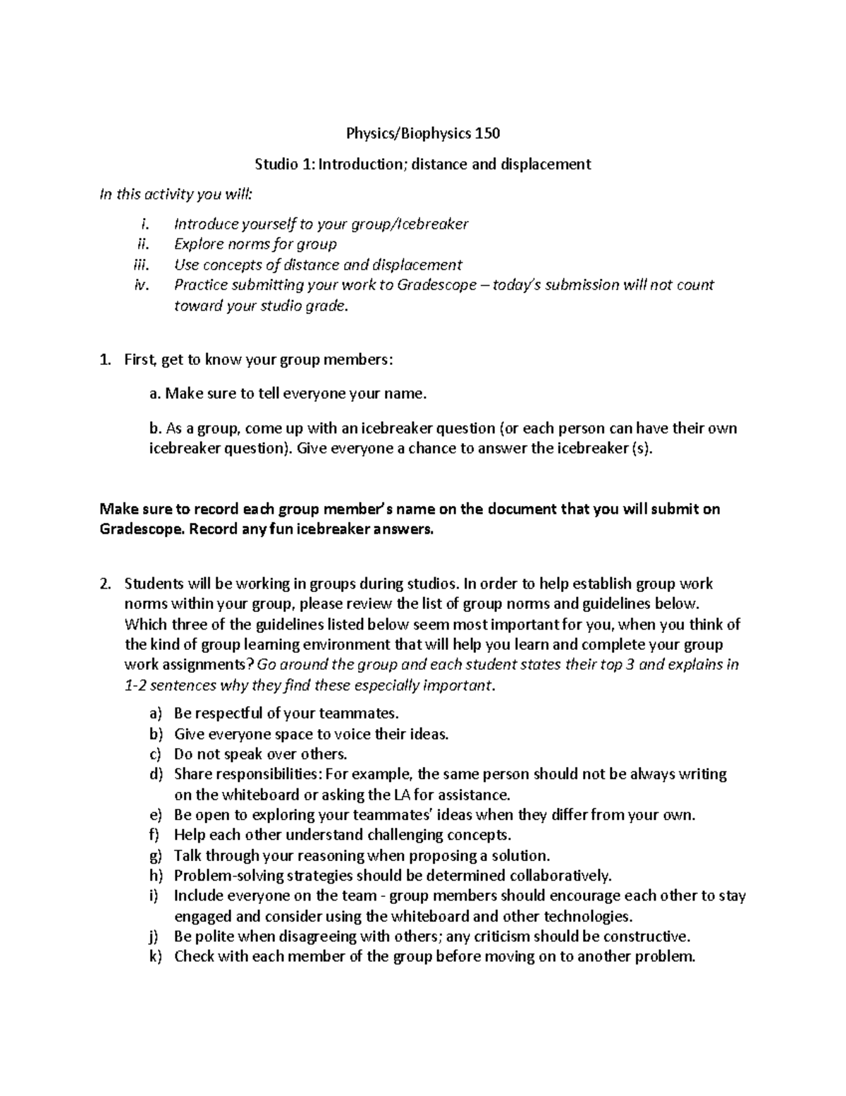 Physics/Biophysics 150 - Studio 01: Intro to Distance & Displacement ...