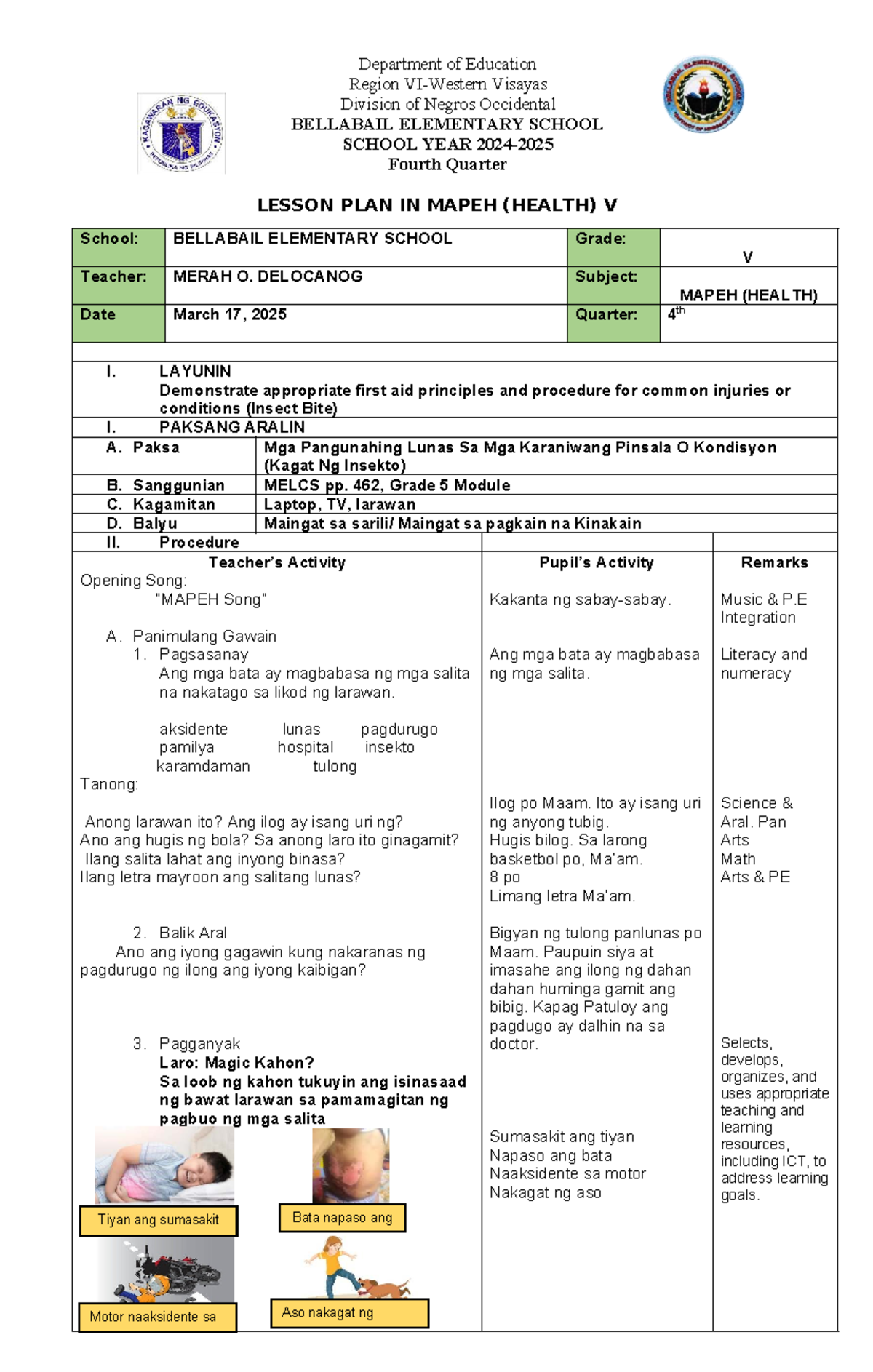 Lesson Plan in MAPEH (Health) 5 - 4th Quarter by Merah O. Delocanog - Studocu