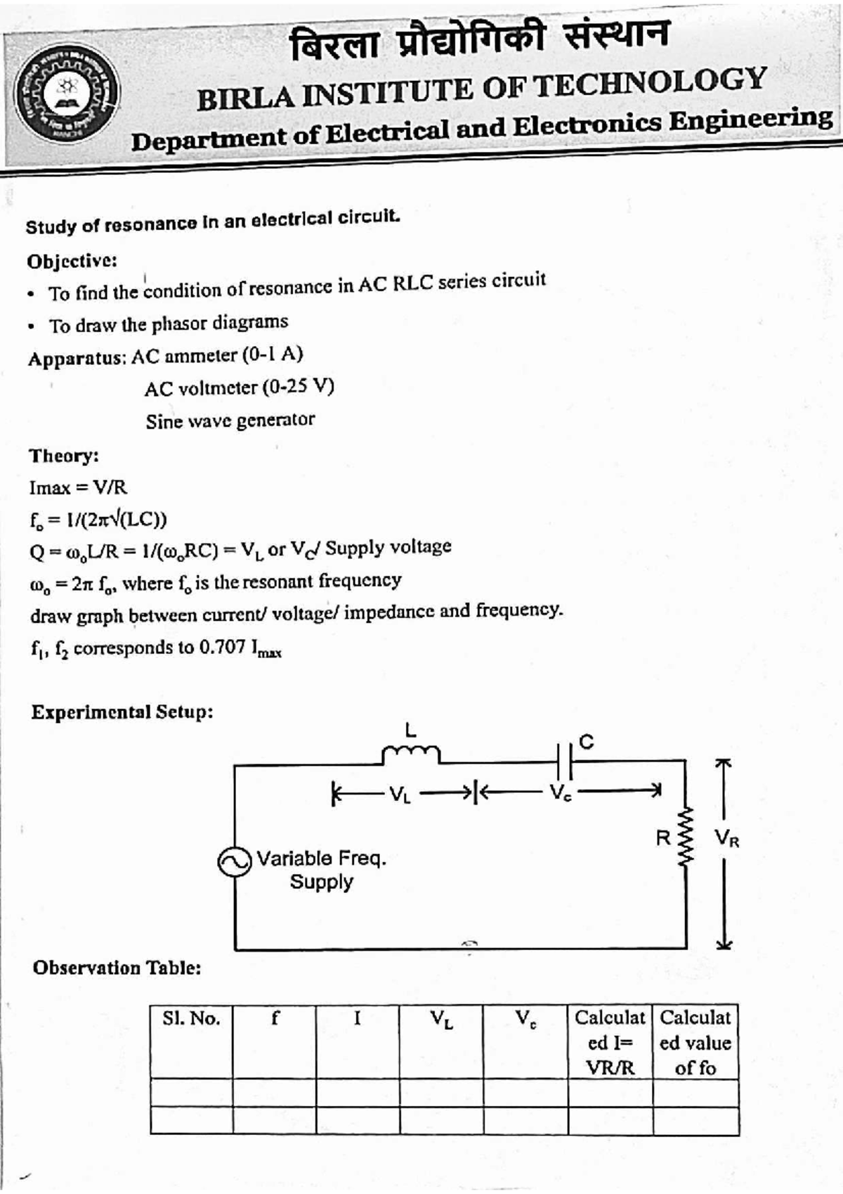 Study of Resonance in AC RLC Circuits - BIT Randi EEE Practical Manual - Studocu