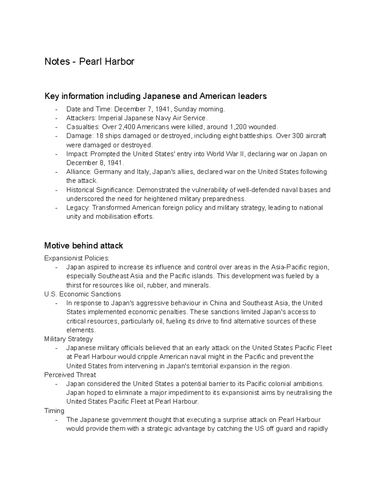 Pearl Harbor Attack Overview: Key Facts & Leaders (Year 11 Notes) - Studocu