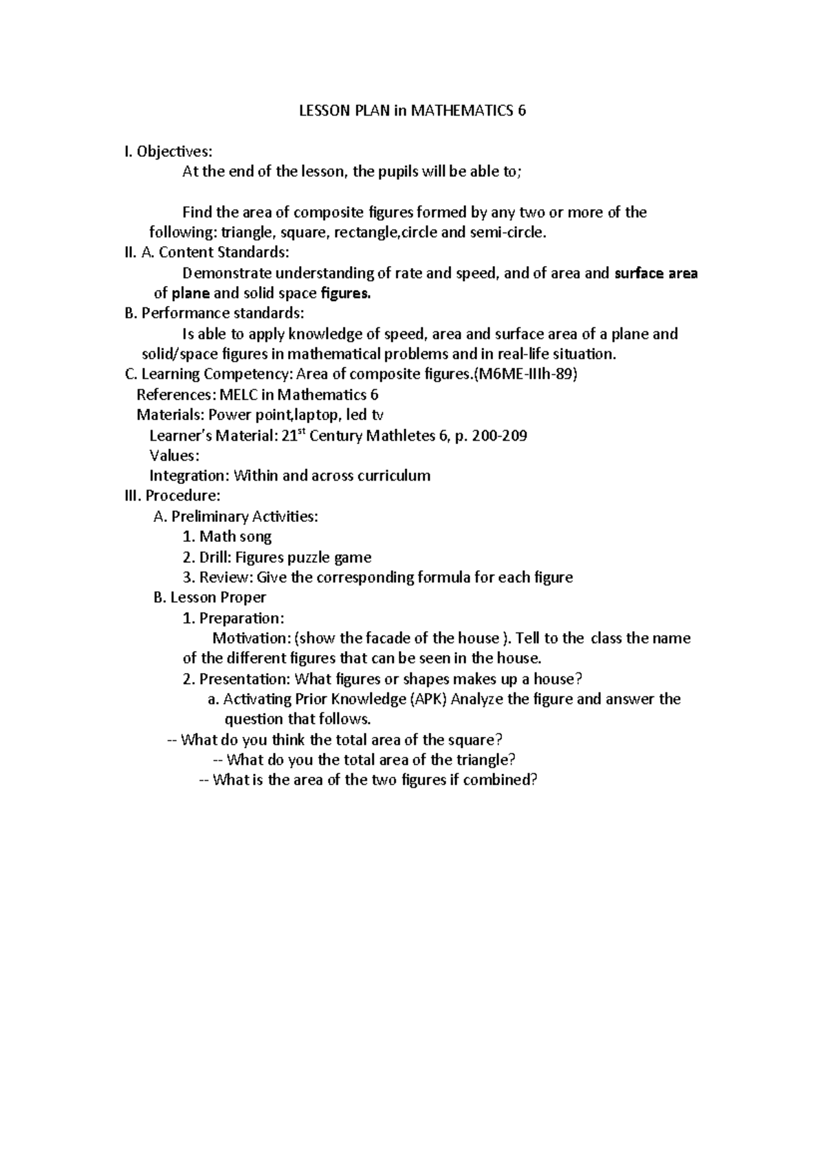 MATHEMATICS 6 LESSON PLAN: Area of Composite Figures - Studocu