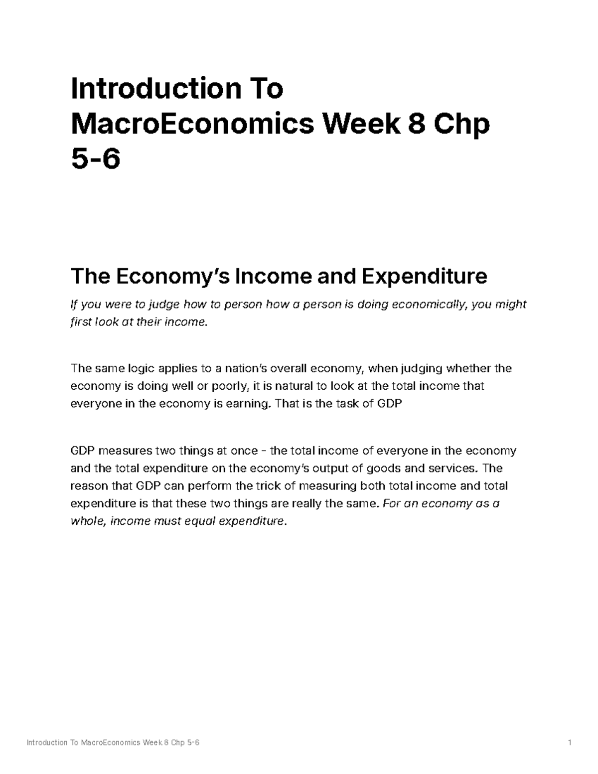 Introduction to Macroeconomics Week 8: GDP and Economic Indicators ...